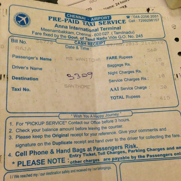 Chennai Taxi Bill
